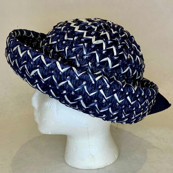 Accessories | Vintage 196s Blue And White Chevron Woven Raffia Hat With ...